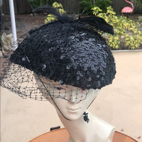 Vintage | Accessories | Vtg Black Sequin Fascinator Classic 7s Hat ...